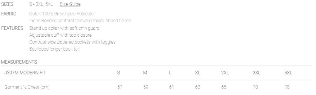 Mens jacket style and size chart | Simmental Australia